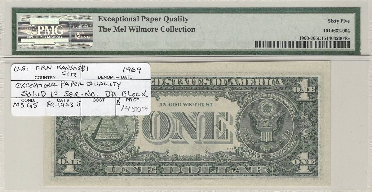 Federal Reserve Note $1 1969, Kansas City, FR. 1903-J (JA Block) – RR ...